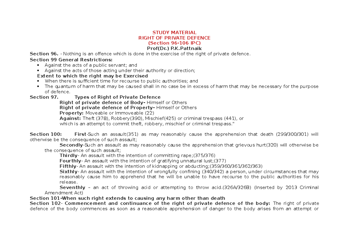 Study Material Right OF Private Defence - STUDY MATERIAL RIGHT OF ...