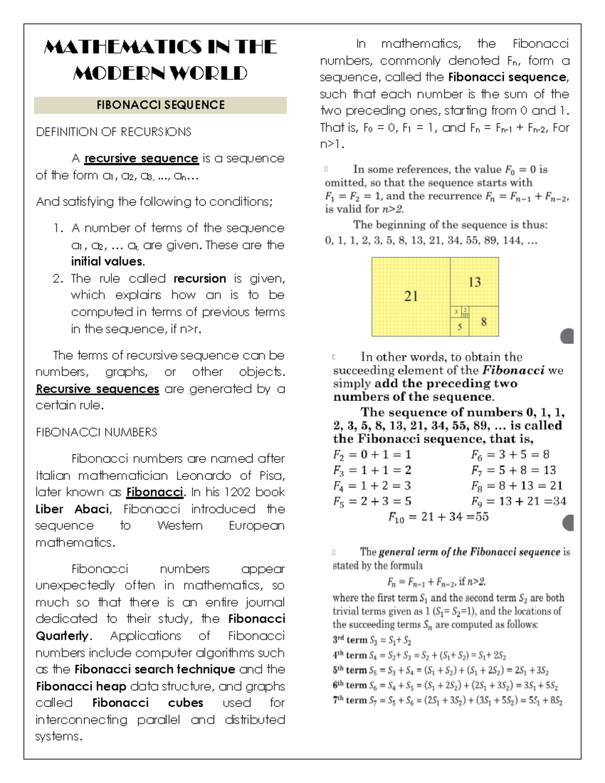 Reviewer The Terms Of Recursive Sequence Can Be Numbers Graphs Or Other Objects Recursive