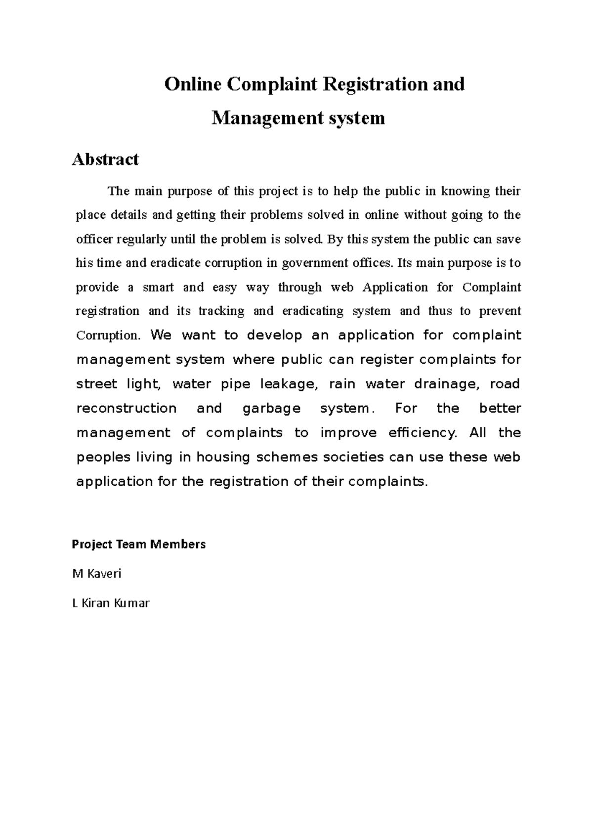 Projects cse - this is the abstract of the project - Online Complaint ...