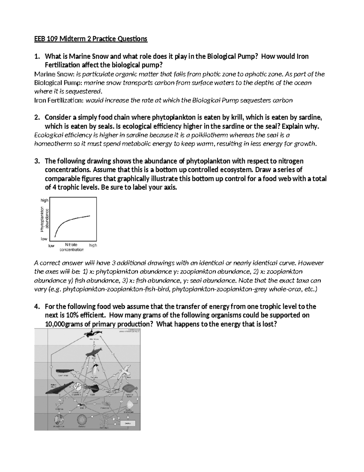 EEB109 Practice Questions MT2 KEY - EEB 109 Midterm 2 Practice Questions What is Marine Snow and ...