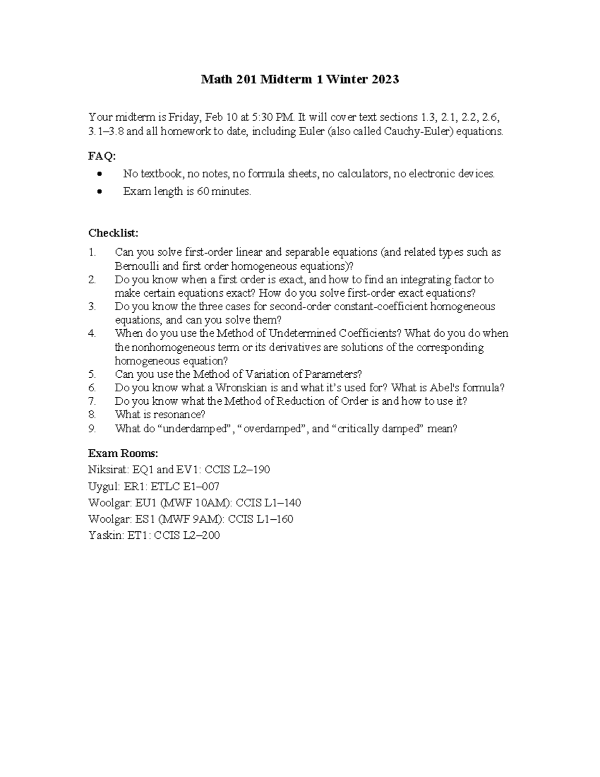 Checklist - lecture notes - Math 201 Midterm 1 Winter 2023 Your midterm ...