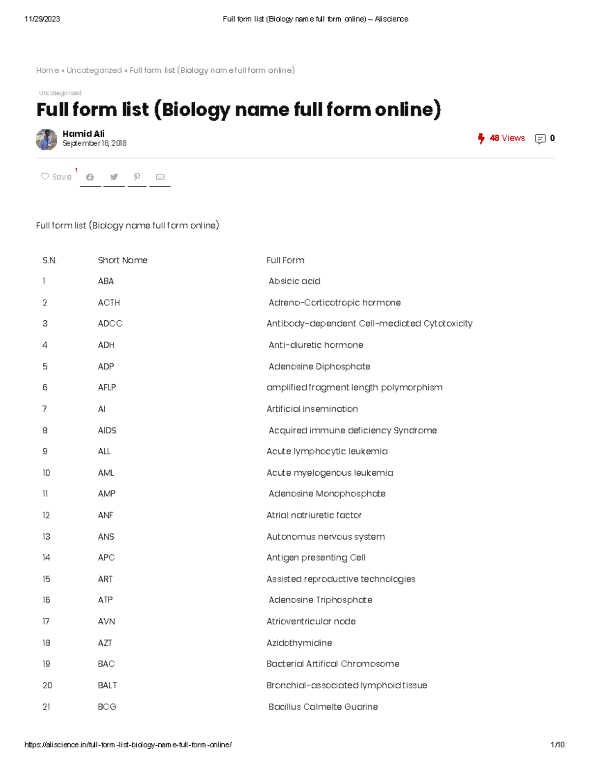 Full form list (Biology name full form online) – Aliscience - Hamid Ali ...