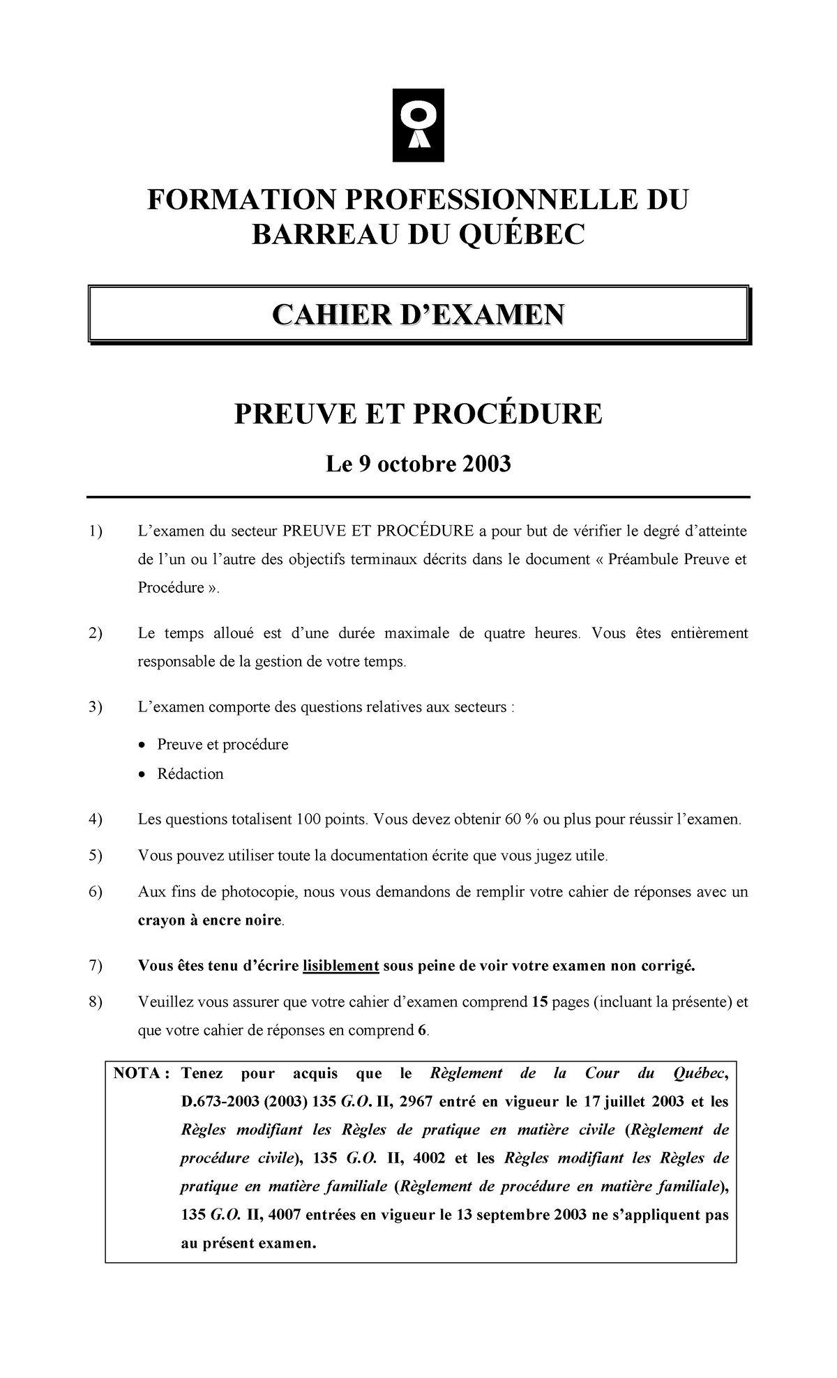 2003-10-09 - Preuve et procédure (régulier) - FORMATION PROFESSIONNELLE ...