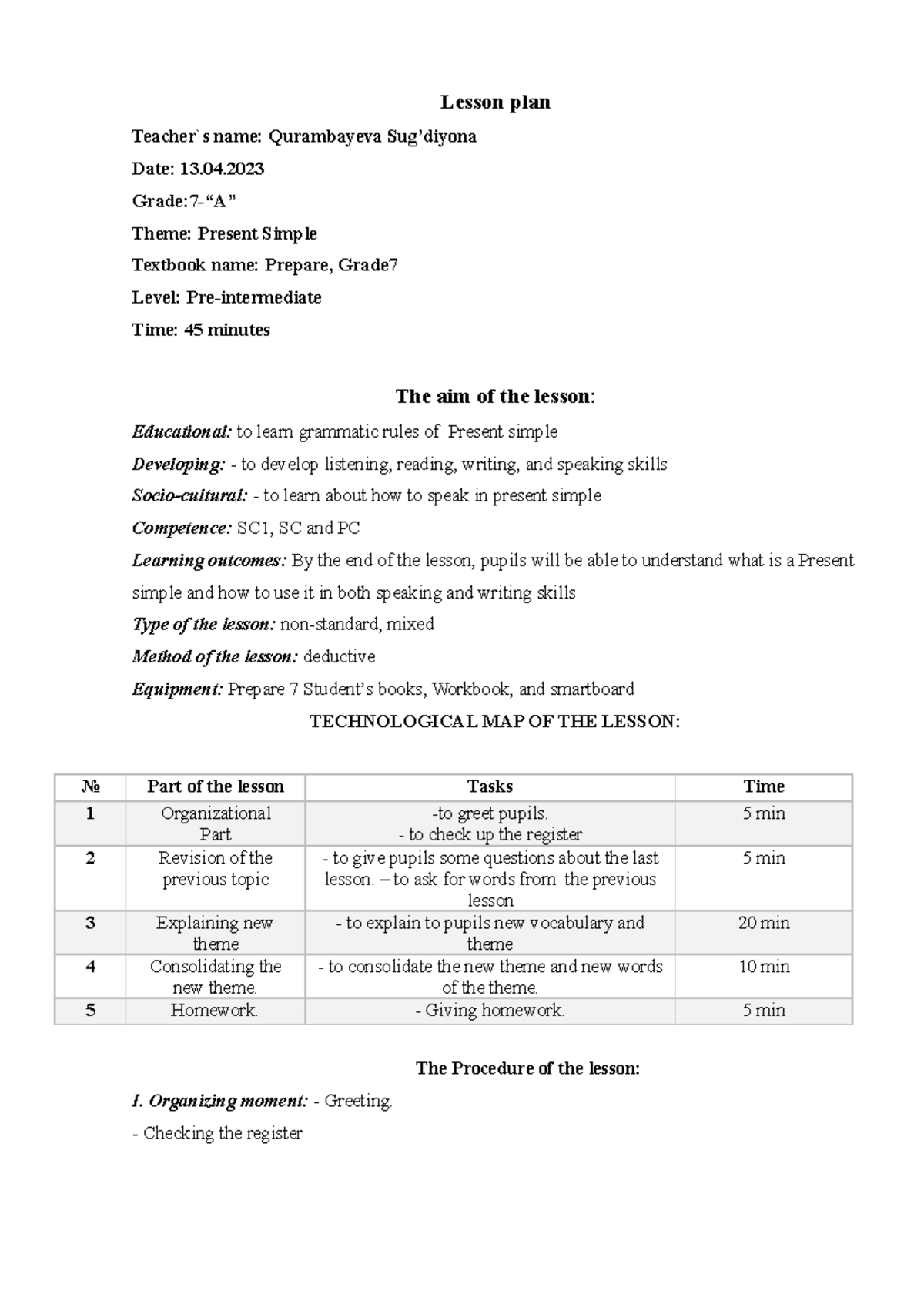 Lesson plan - Lesson plan Teacher`s name: Qurambayeva Sug’diyona Date ...