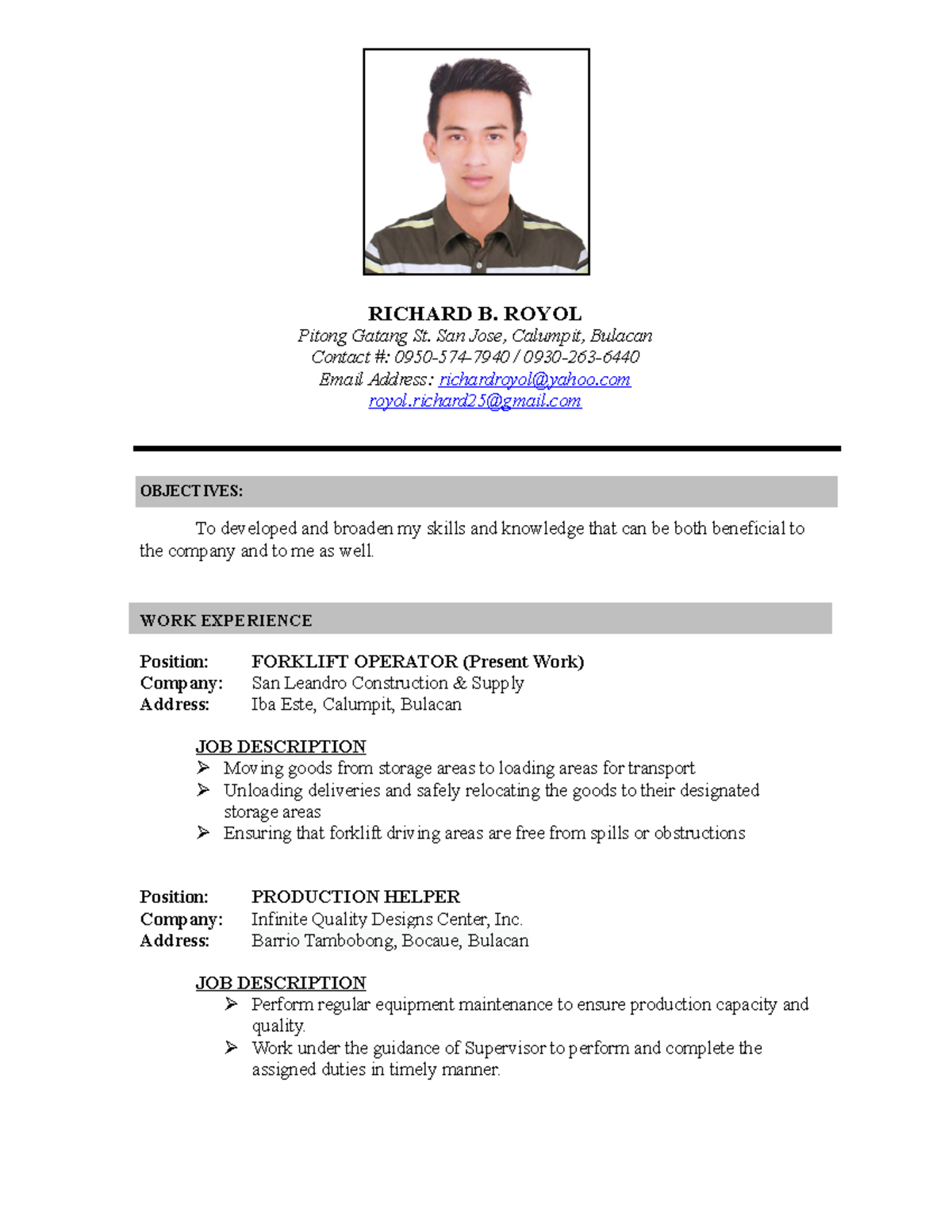 Richard- Resume-2021 - RICHARD B. ROYOL Pitong Gatang St. San Jose ...