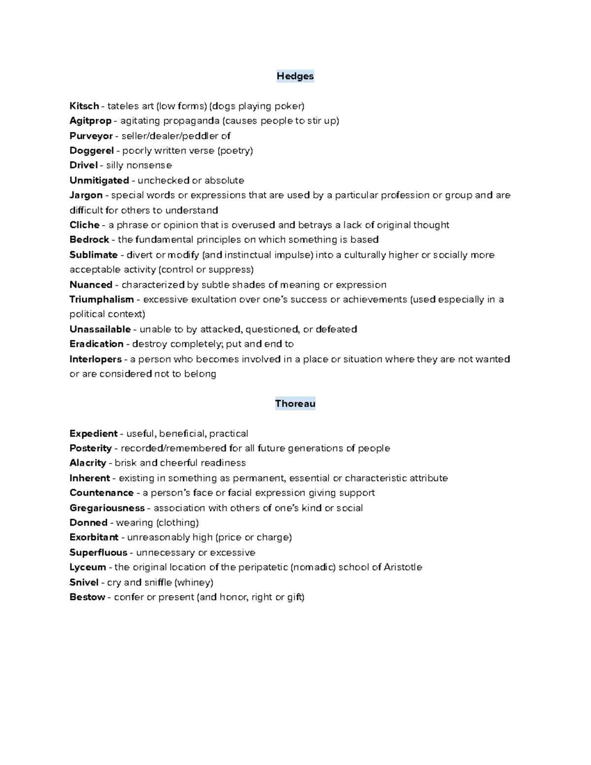 Vocab Quiz Cheatsheet - Hard words to learn for Thoreau and Hedges ...