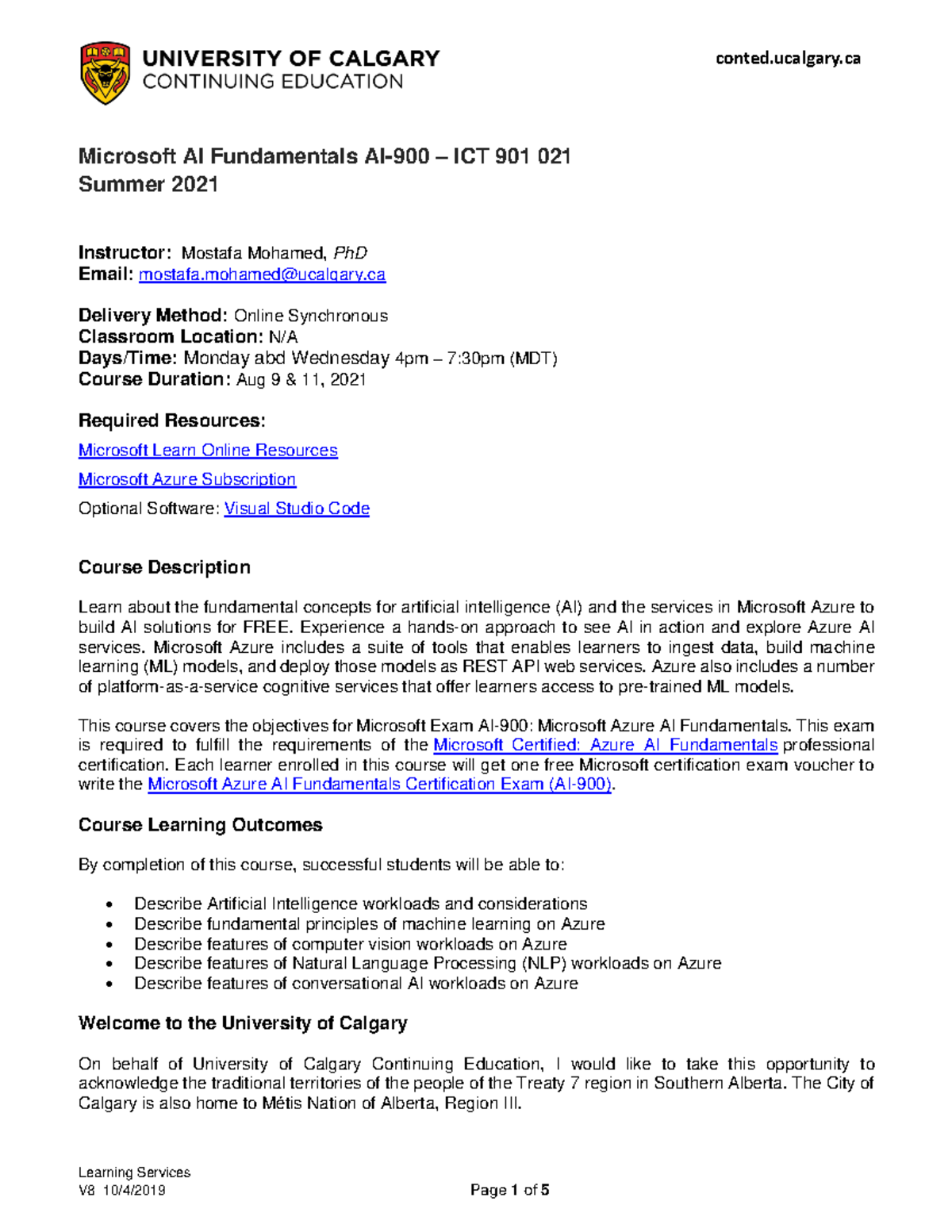 ICT 901-021 Course Outline LIAU - Computer 339 - UCalgary - Studocu