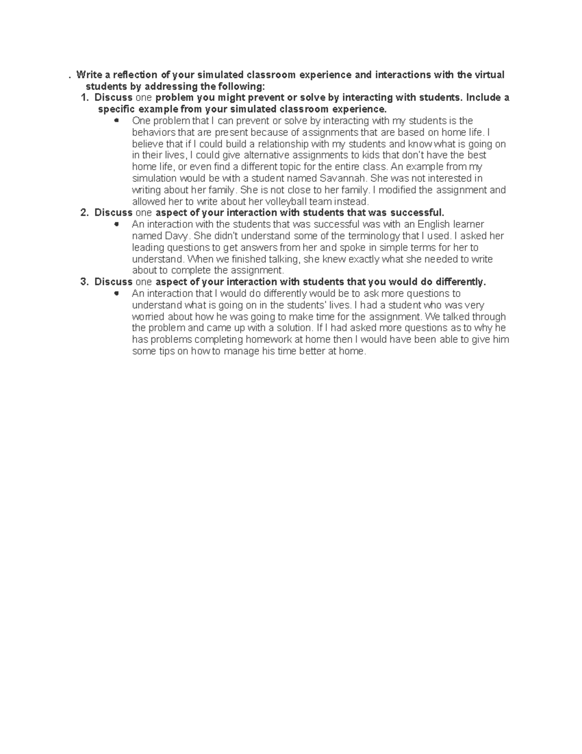 Classroom management Task 3 - . Write a reflection of your simulated classroom experience and ...
