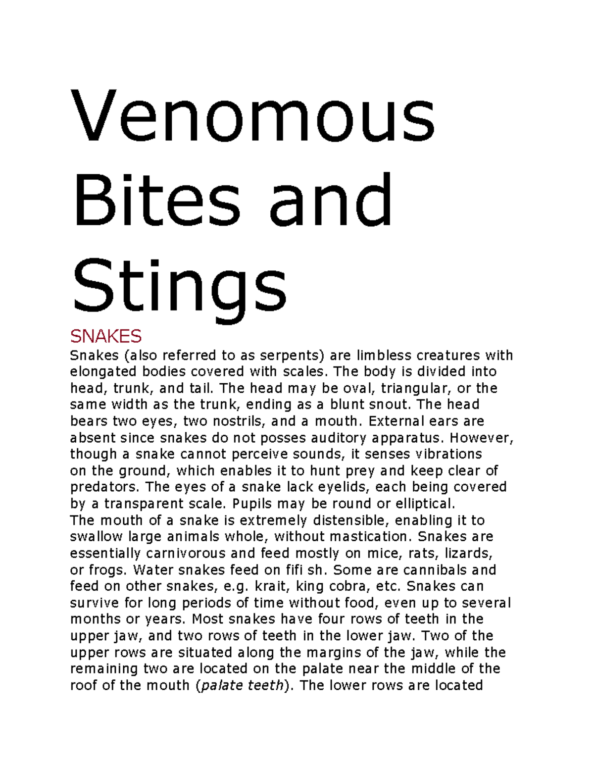 Venomous Bites and Stings - Venomous Bites and Stings SNAKES Snakes ...