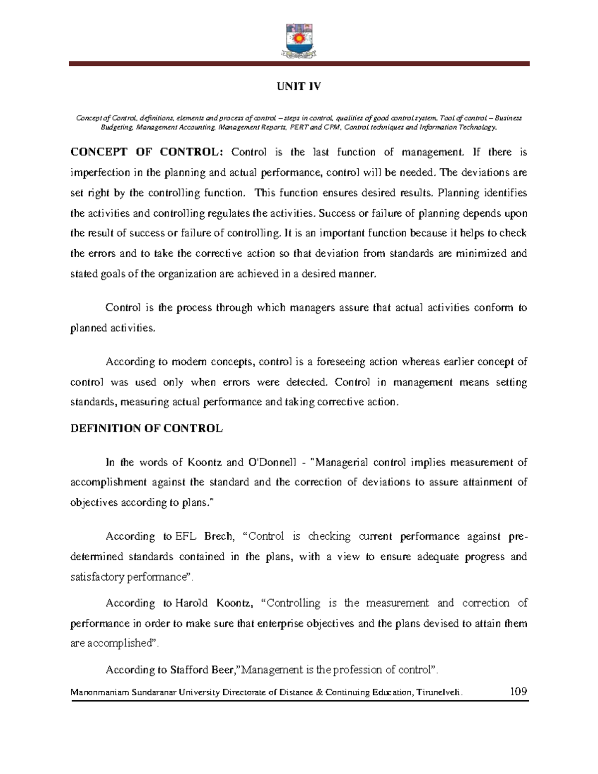 Principles of management unit 4 - UNIT IV Concept of Control, definitions, elements and process ...