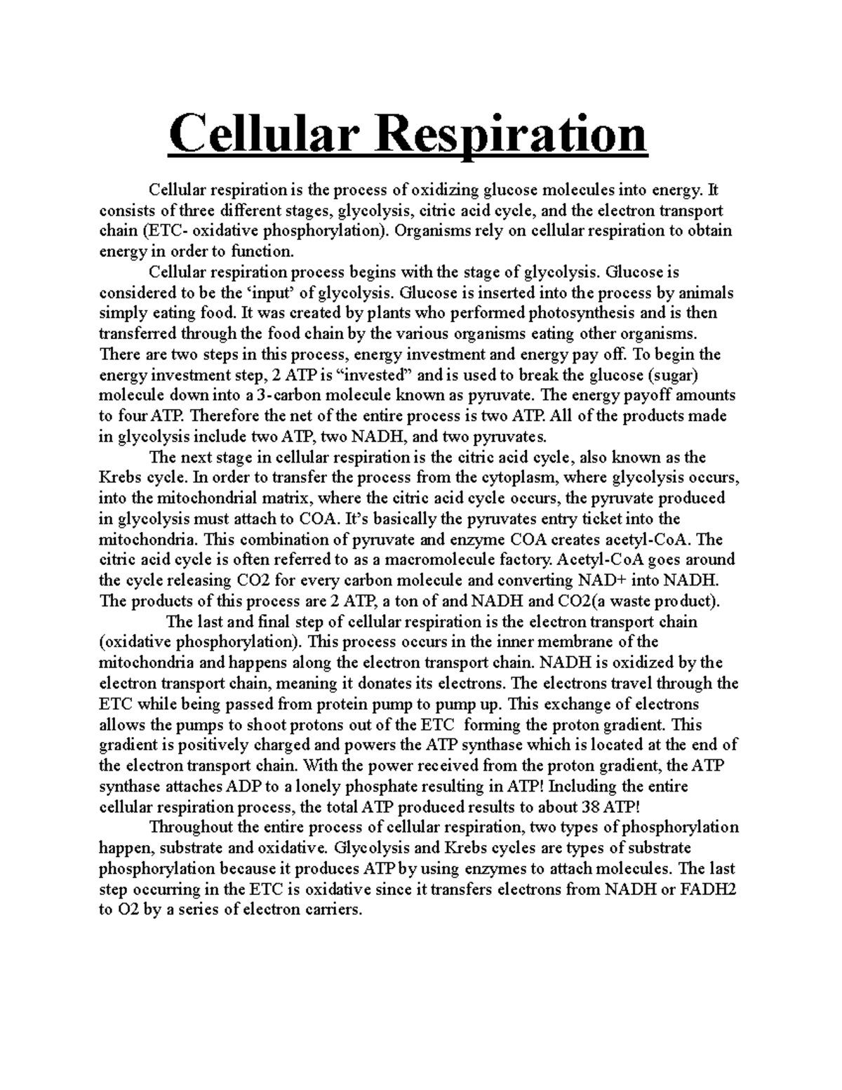 Cellular Respiration - Cellular Respiration Cellular respiration is the ...