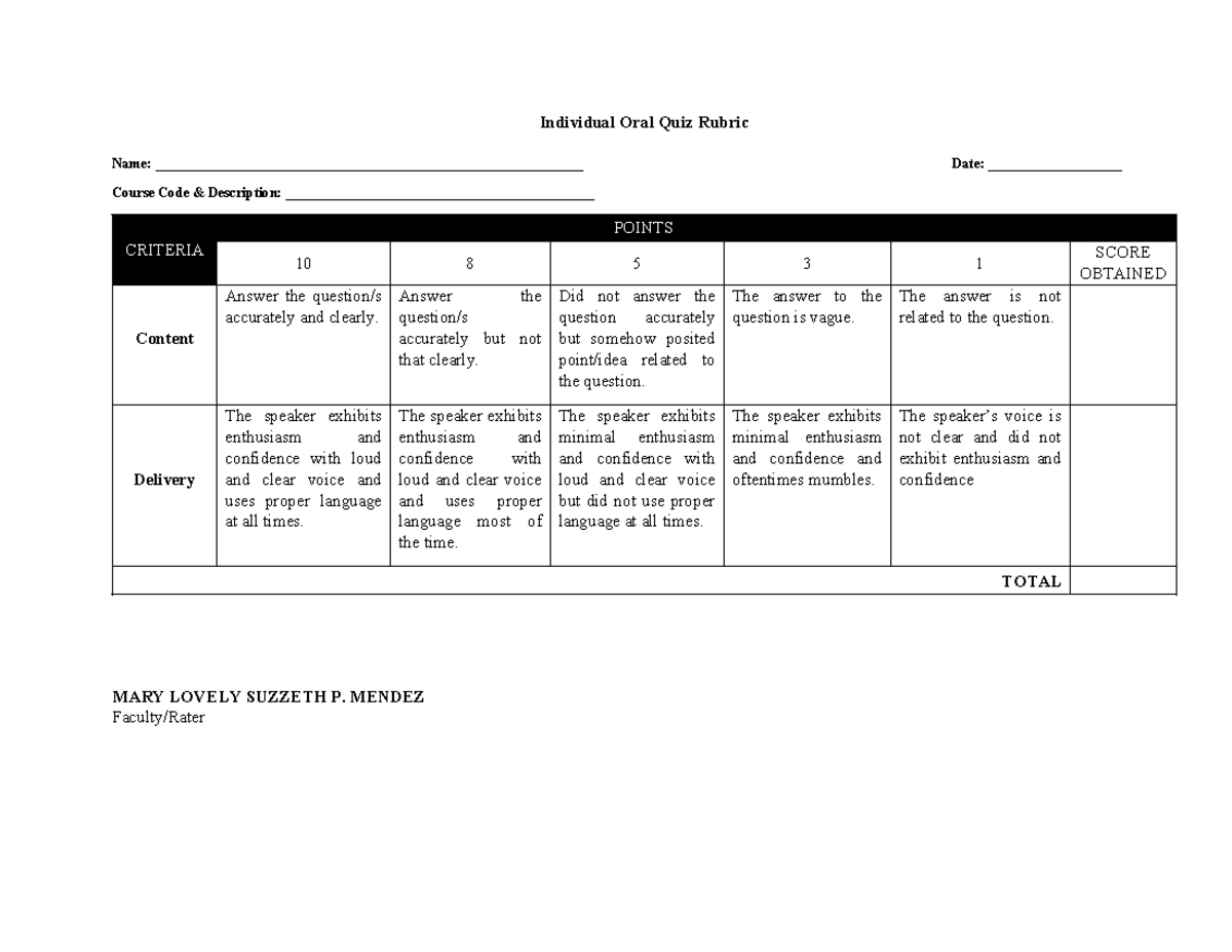 Individual Oral Quiz Rubric - Individual Oral Quiz Rubric Name: - Studocu