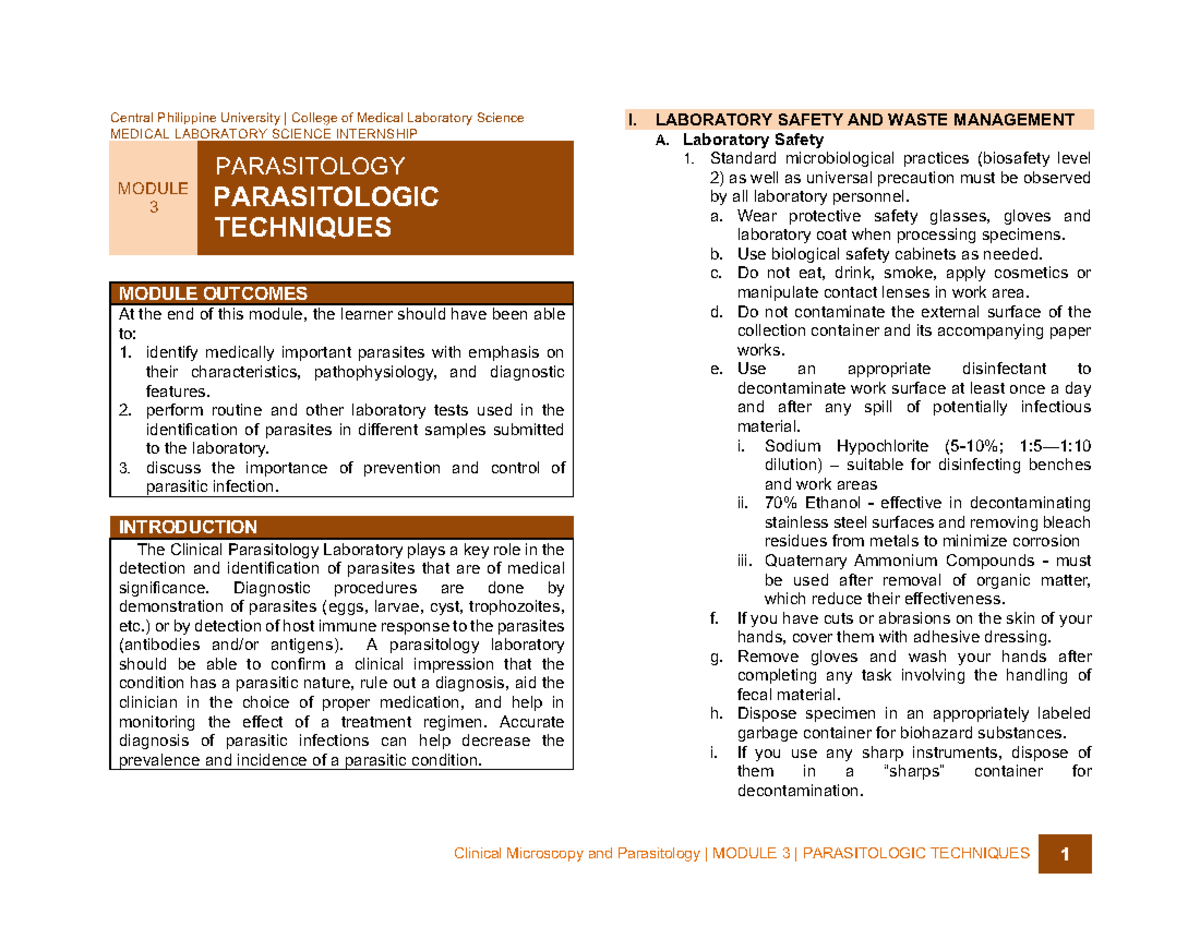 Module 3 - Parasitologic Techniques - Central Philippine University ...