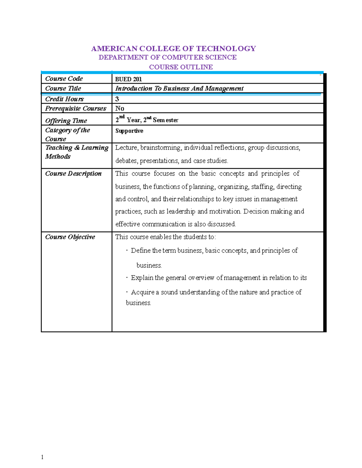 BUED 201 Course Outline - AMERICAN COLLEGE OF TECHNOLOGY DEPARTMENT OF ...