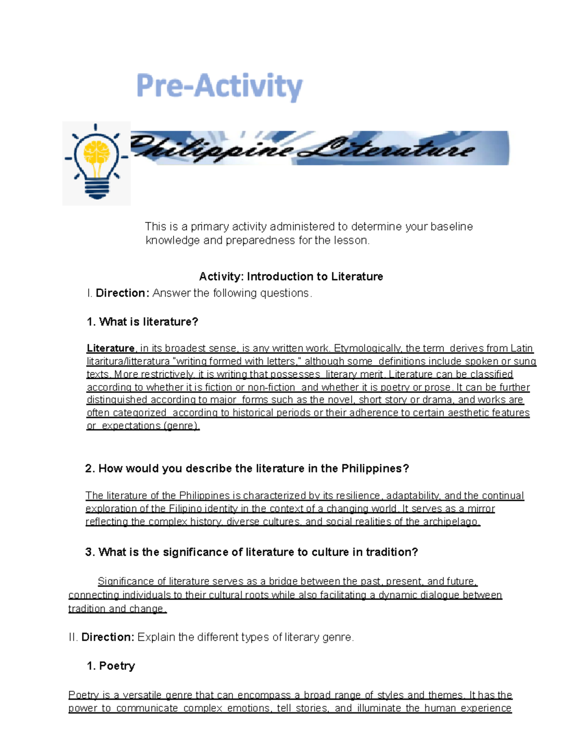PRE-TEST #1 - This is a primary activity administered to determine your ...