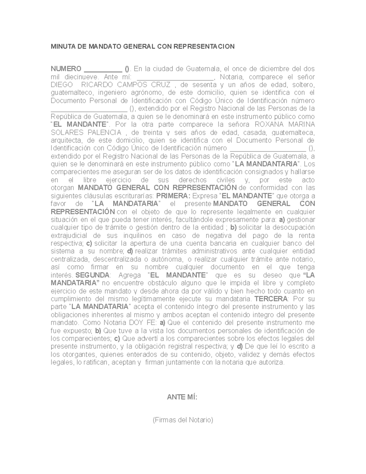 Mandatos - MINUTA DE MANDATO GENERAL CON REPRESENTACION NUMERO ...
