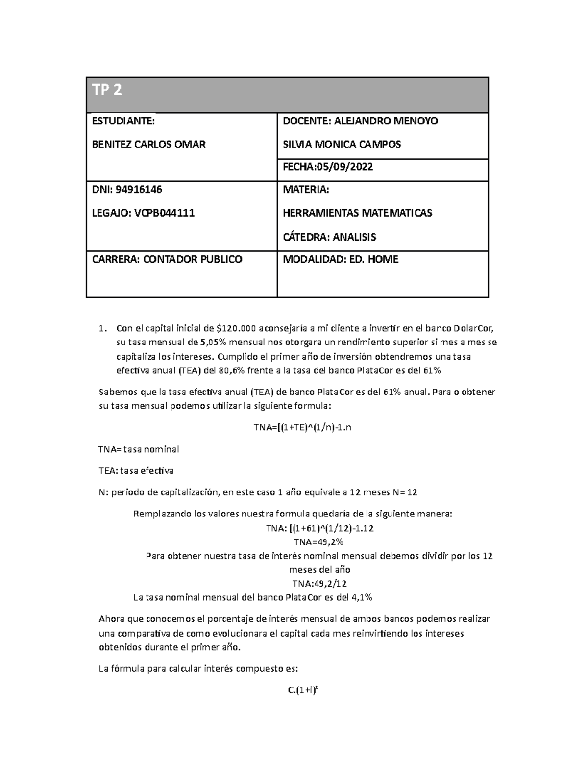 TP2 - Cuadro a entregar - TP 2 ESTUDIANTE: BENITEZ CARLOS OMAR DOCENTE ...