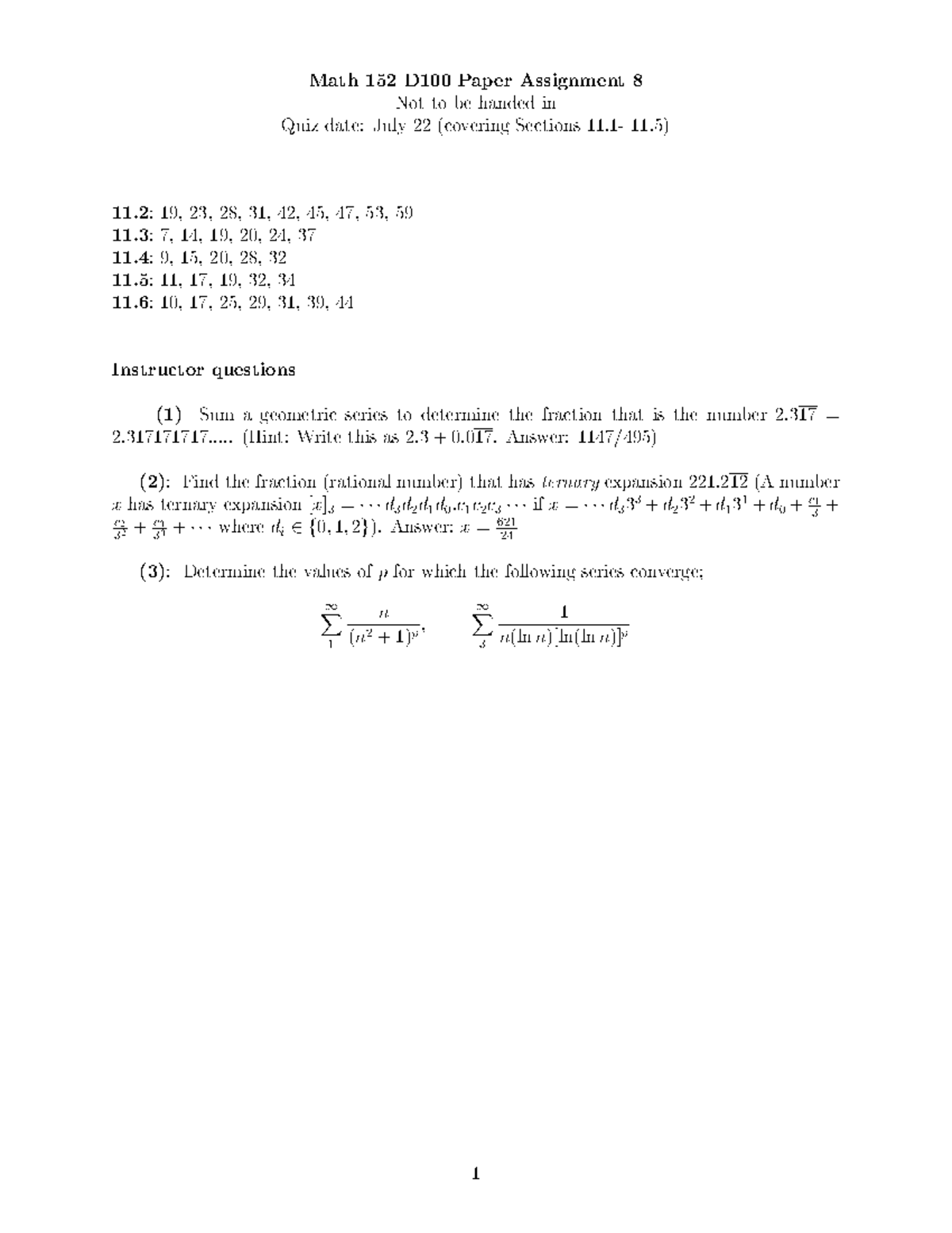 Assignment 8 - Math 152 D100Pap erAssignment 8 Nottob ehandedin ...