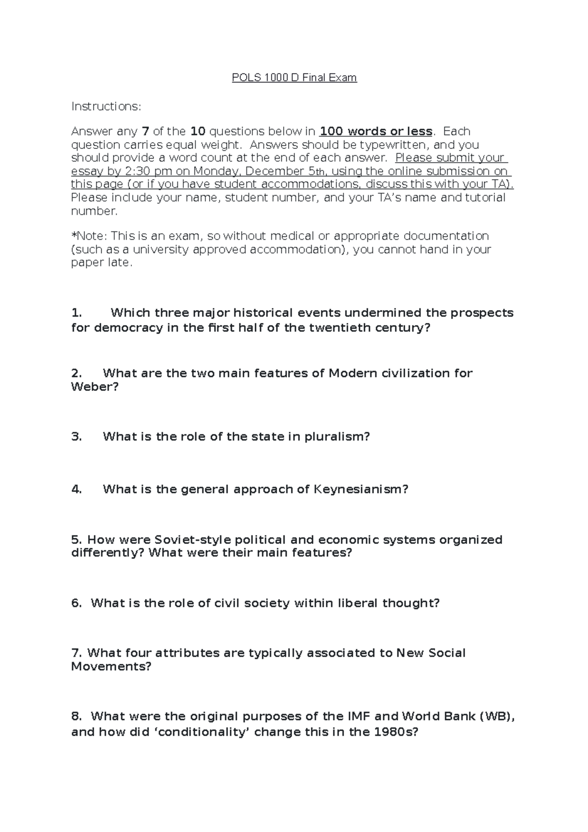 POLS 1000 D - Final Exam 2022 - POLS 1000 D Final Exam Instructions ...