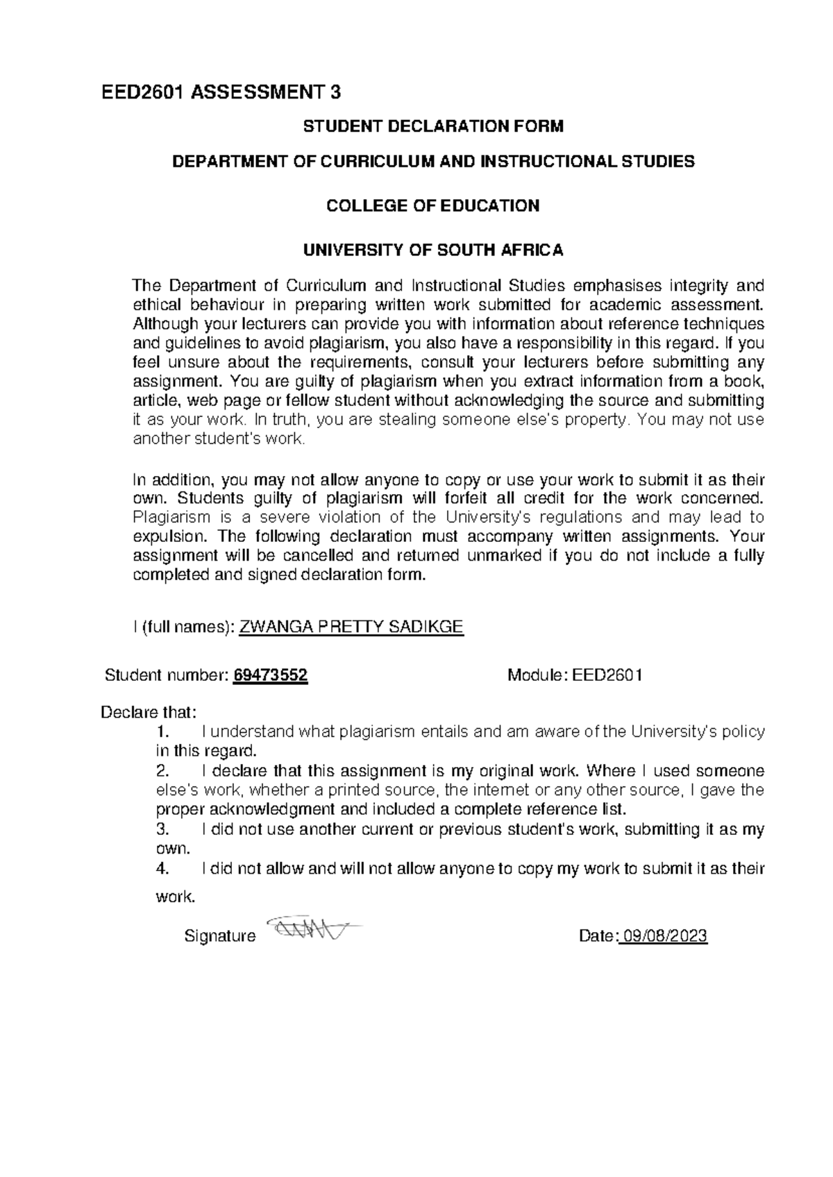 Eed2601 assignment 3 - EED2601 ASSESSMENT 3 STUDENT DECLARATION FORM ...