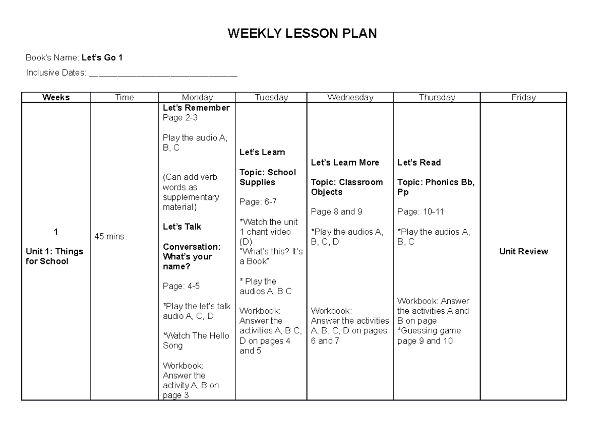 Weekly Lesson Plan - bkjhgyutoihlkb - WEEKLY LESSON PLAN Book’s Name ...