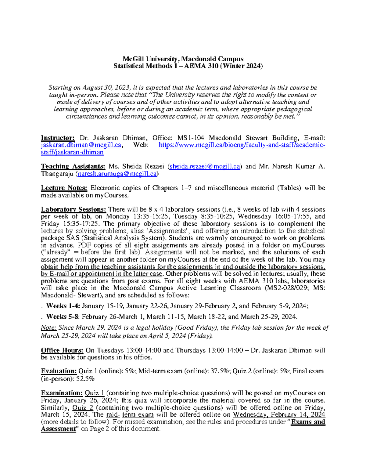 Course Outline AEMA 310-W2024 FIN - McGill University, Macdonald Campus Statistical Methods 1 ...