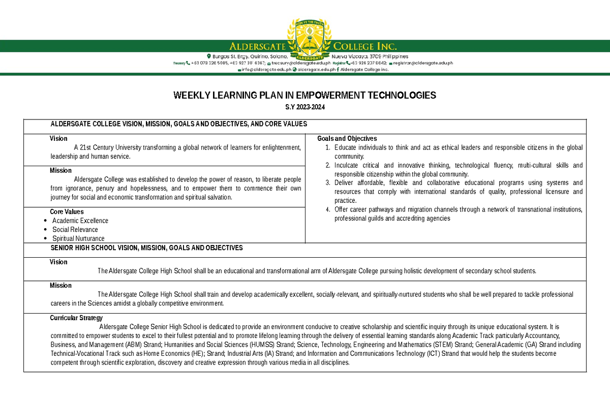Q1 WLP 1st week - WEEKLY LEARNING PLAN IN EMPOWERMENT TECHNOLOGIES S ...