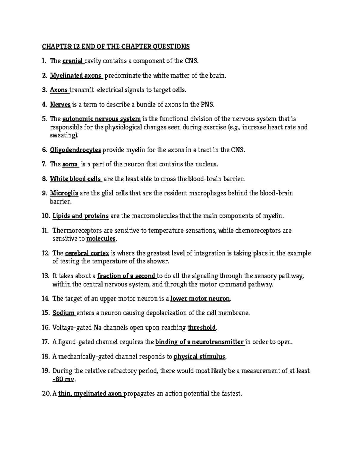 CH 12 Nervous System end of Chapter questions BIO 150 - CHAPTER 12 END ...