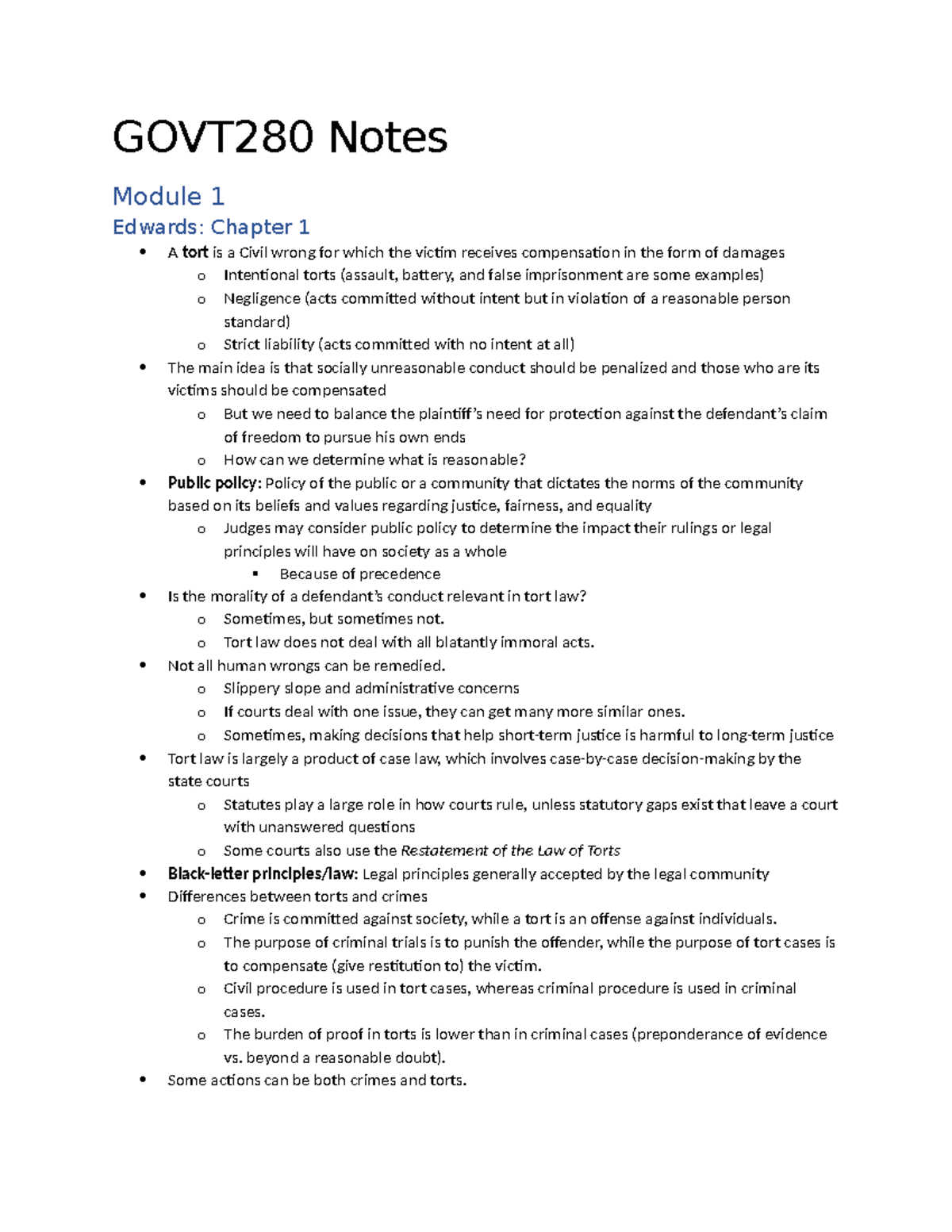 GOVT280 Notes - GOVT280 Notes Module 1 Edwards: Chapter 1 A tort is a ...