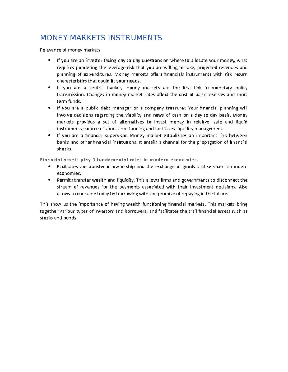 Money Markets Instruments - MONEY MARKETS INSTRUMENTS Relevance of ...