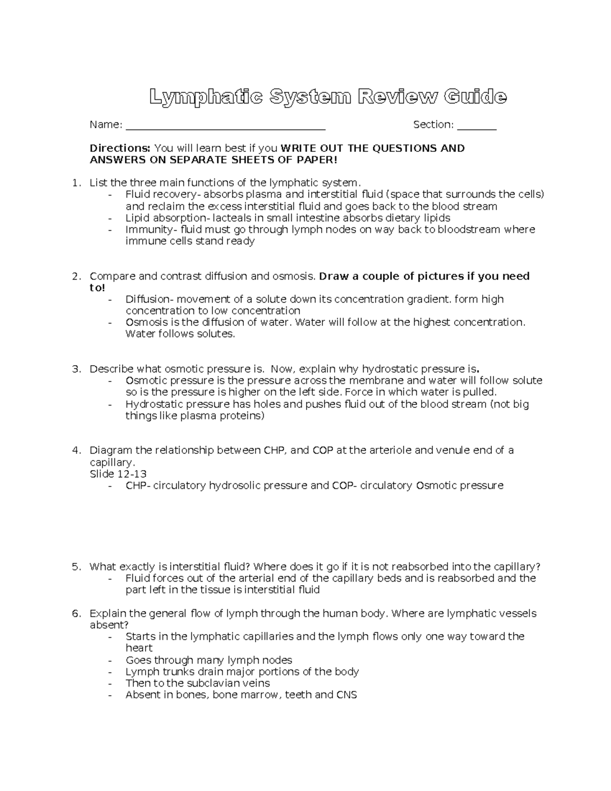 Lymphatic System Review Guide - Name ...