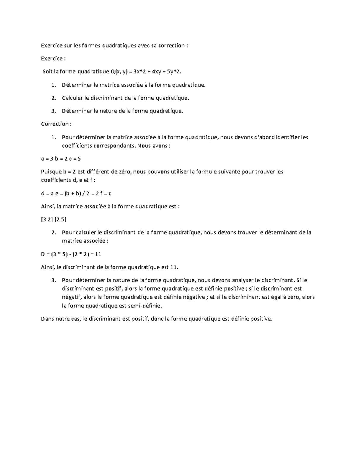 Exercice sur les formes quadratiques avec sa correction - 1. Déterminer la matrice associée à la ...
