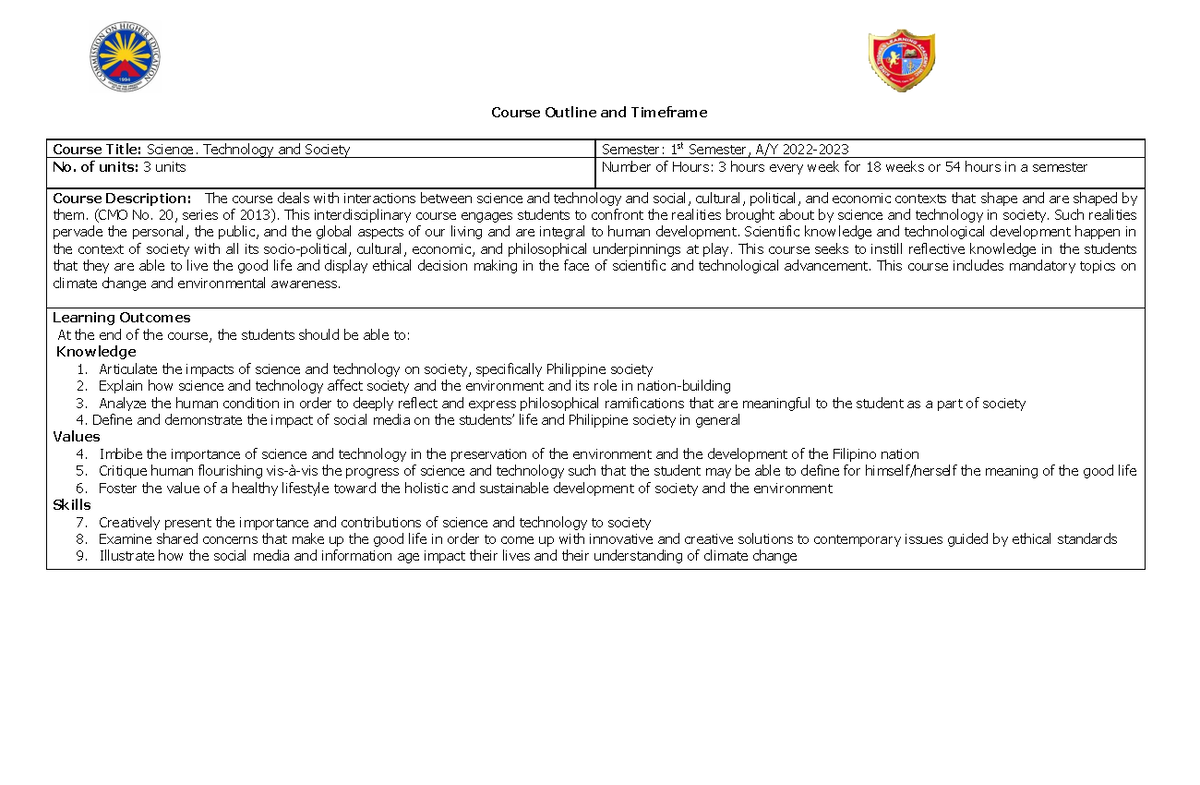 STS Syllabus and LP - Course Outline and Timeframe Course Title ...