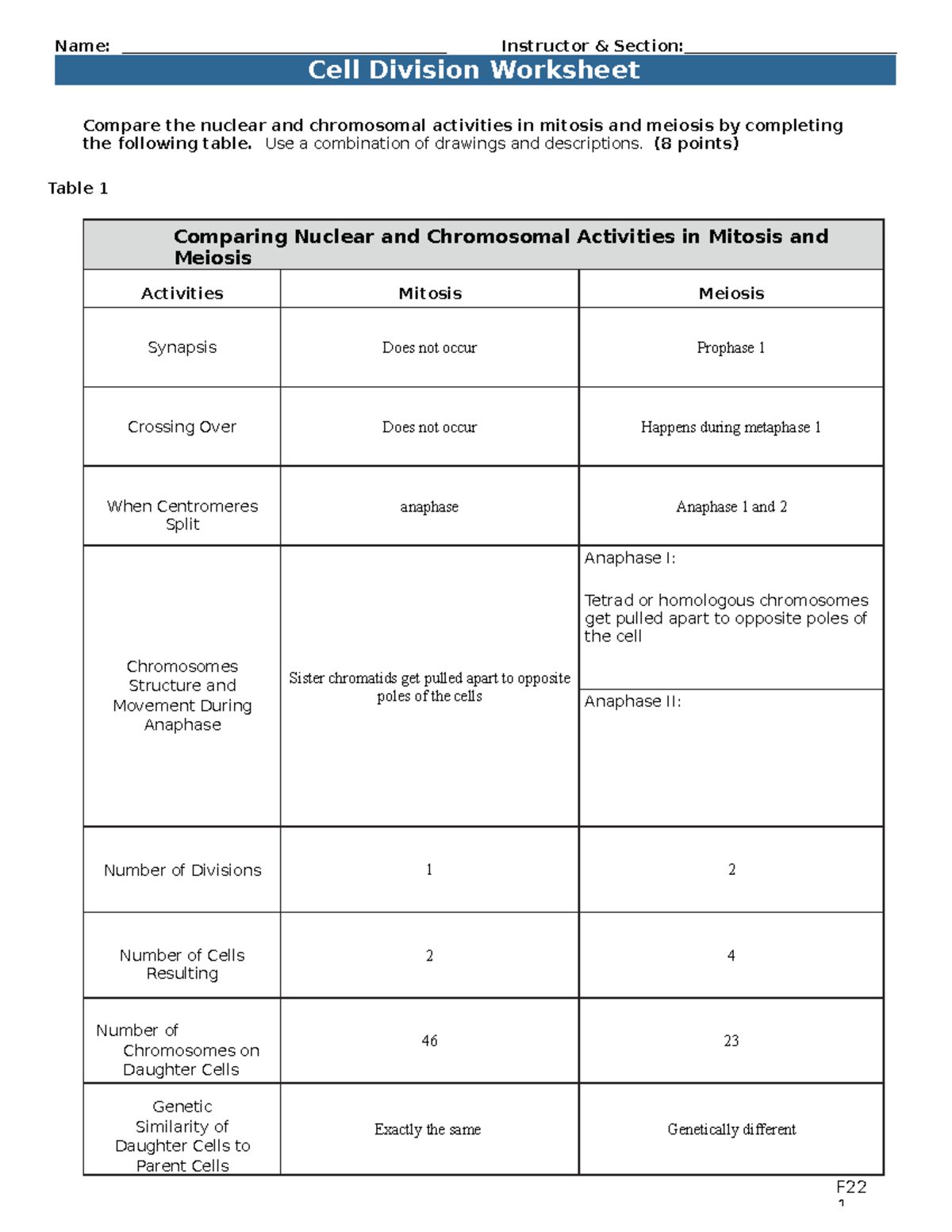 F22 Cell Division Lab Worksheet - Compare the nuclear and chromosomal ...