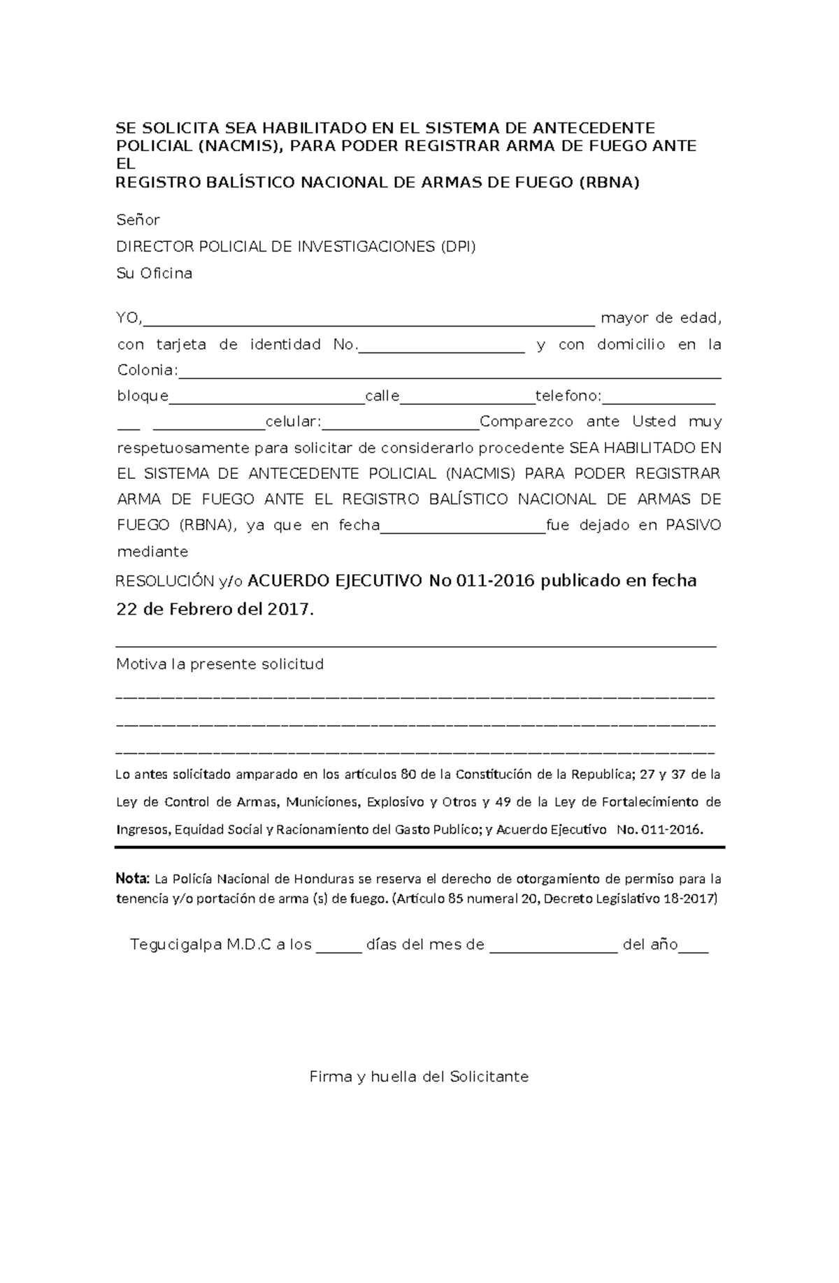 Solicitud DE Habilitacion DEL Sistema Nacmis PARA Portar ARMA DE Fuego ...