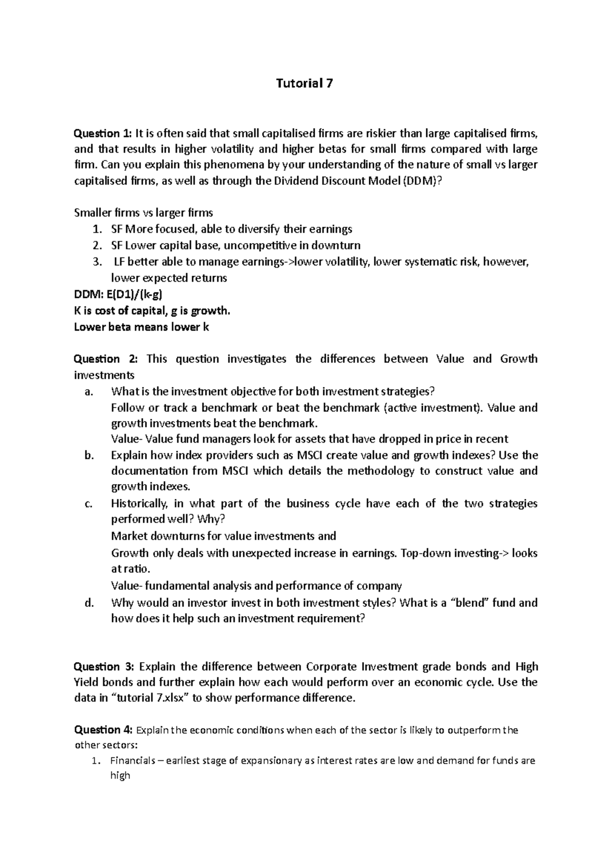 Tutorial 7 answers for topic 7 - CORPFIN 3501 - Adelaide University ...