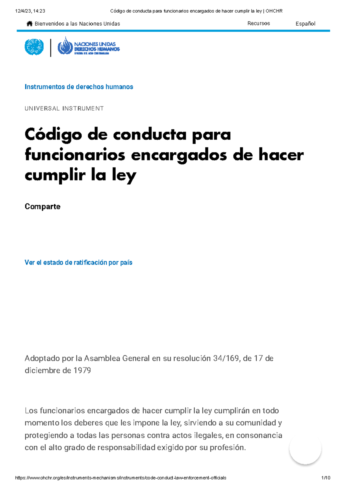 Código de conducta para funcionarios encargados de hacer cumplir la ley Ohchr - Adoptado por la ...