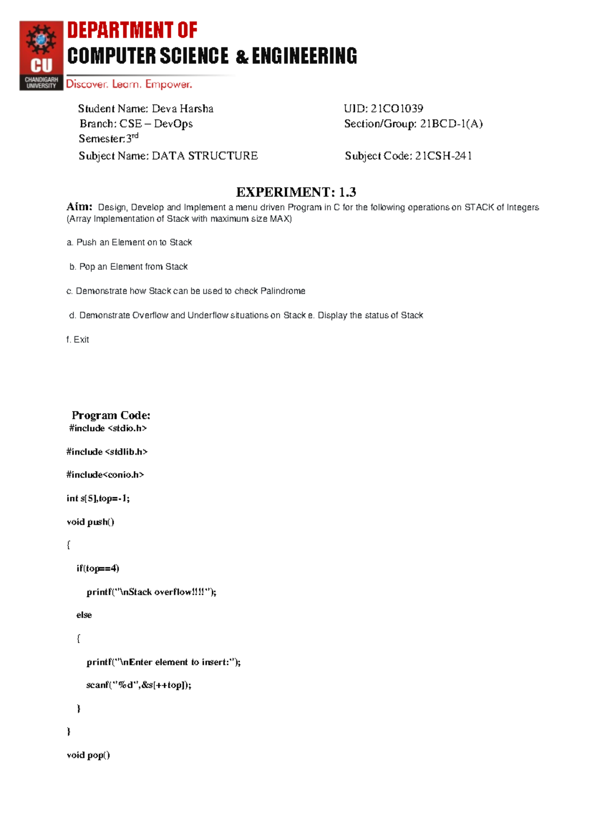 DS 1 - DS worksheet 1.3 - COMPUTER SCIENCE & ENGINEERING Student Name ...