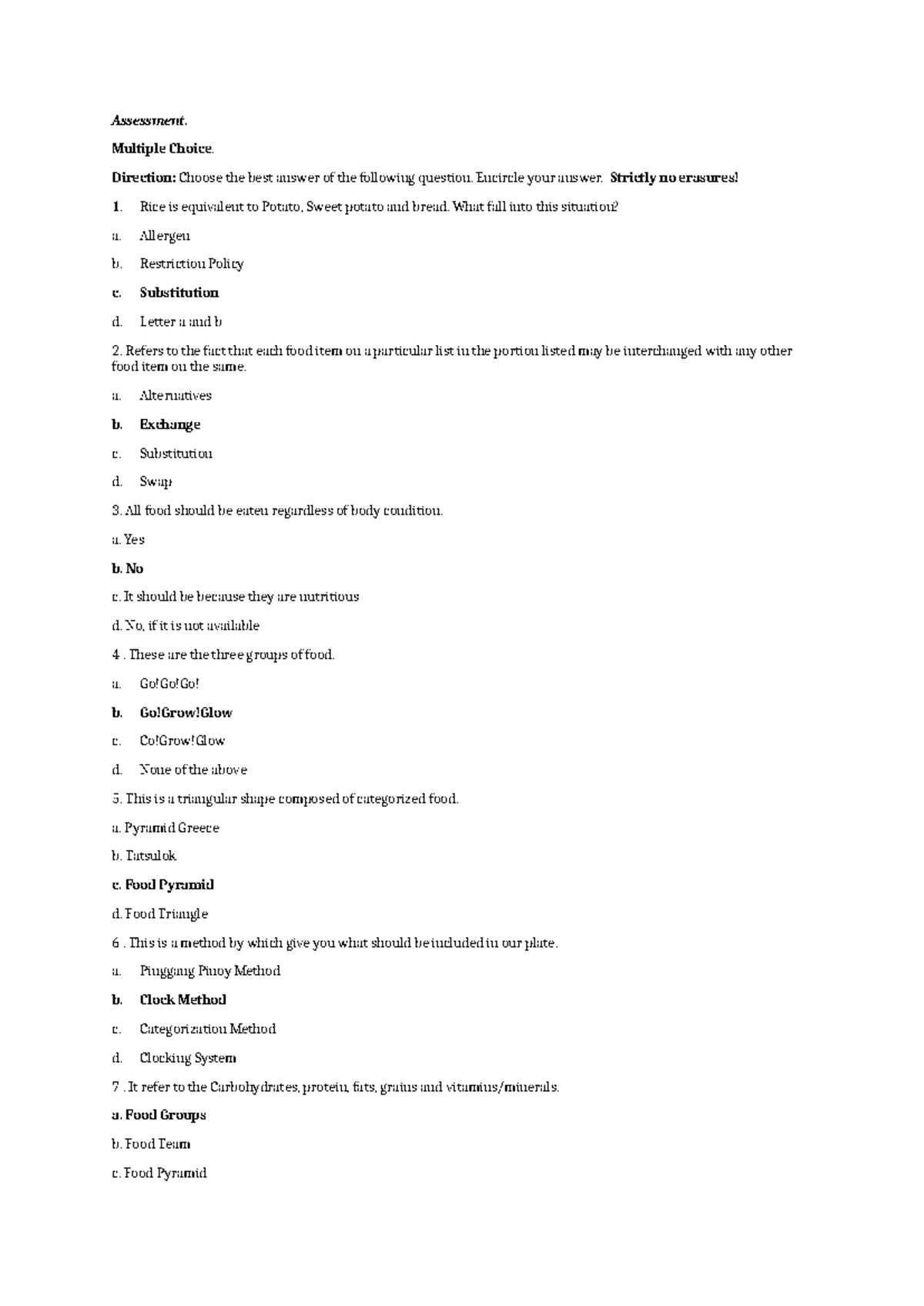 FOOD AND Nutrition QUIZ - Assessment. Multiple Choice. Direction ...