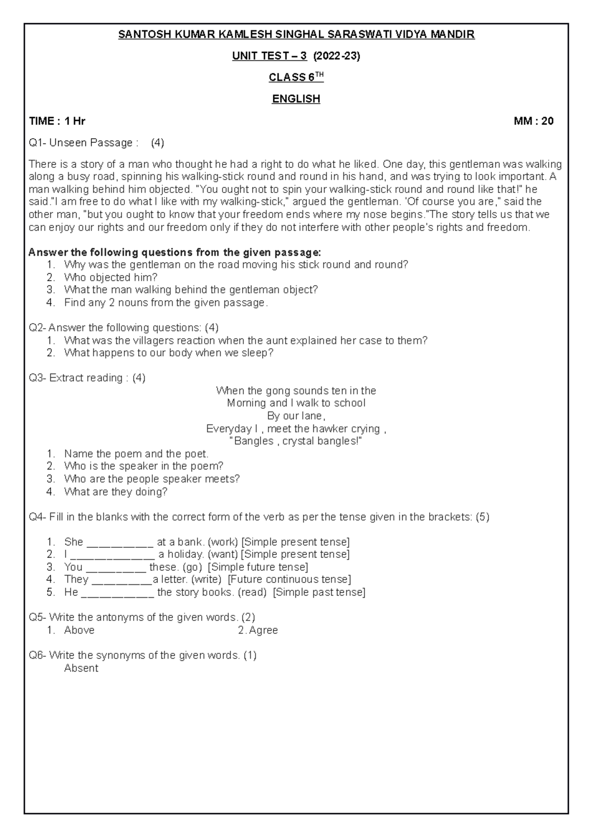 Class 6th English Paper SANTOSH KUMAR KAMLESH SINGHAL SARASWATI VIDYA