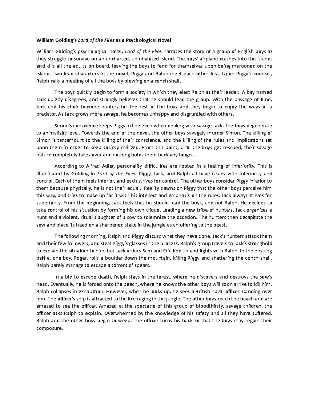 Analysis of William Goldings Lord of the Flies by Daniel defoe eng 124 ...