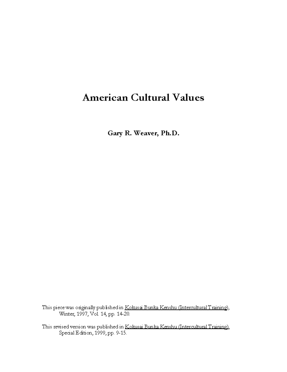 American Cultural Values 2020 - American Cultural Values Gary R. Weaver ...