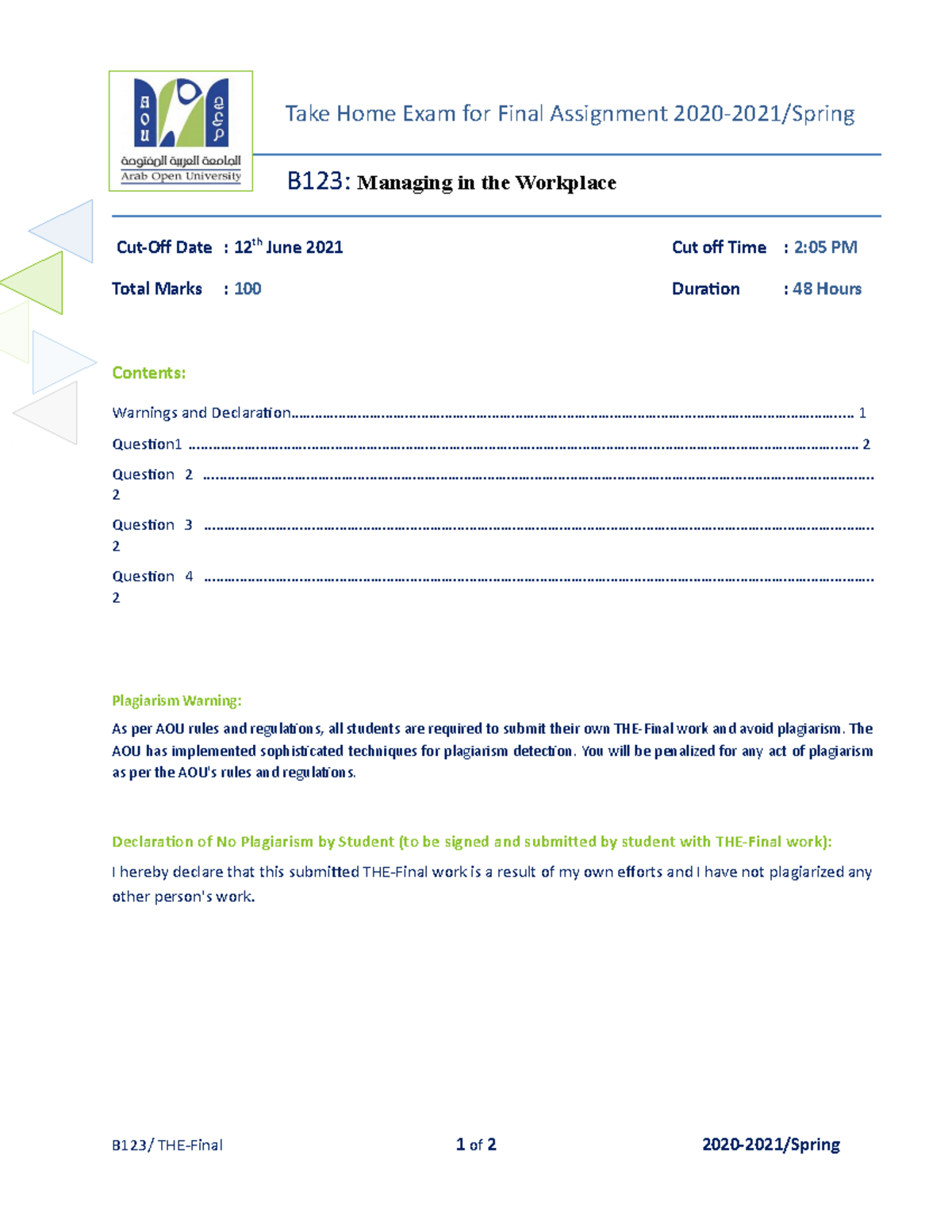 B123-FTHE-Spring 2020-2021 - Cut-Off Date : 12th June 2021 Cut off Time ...
