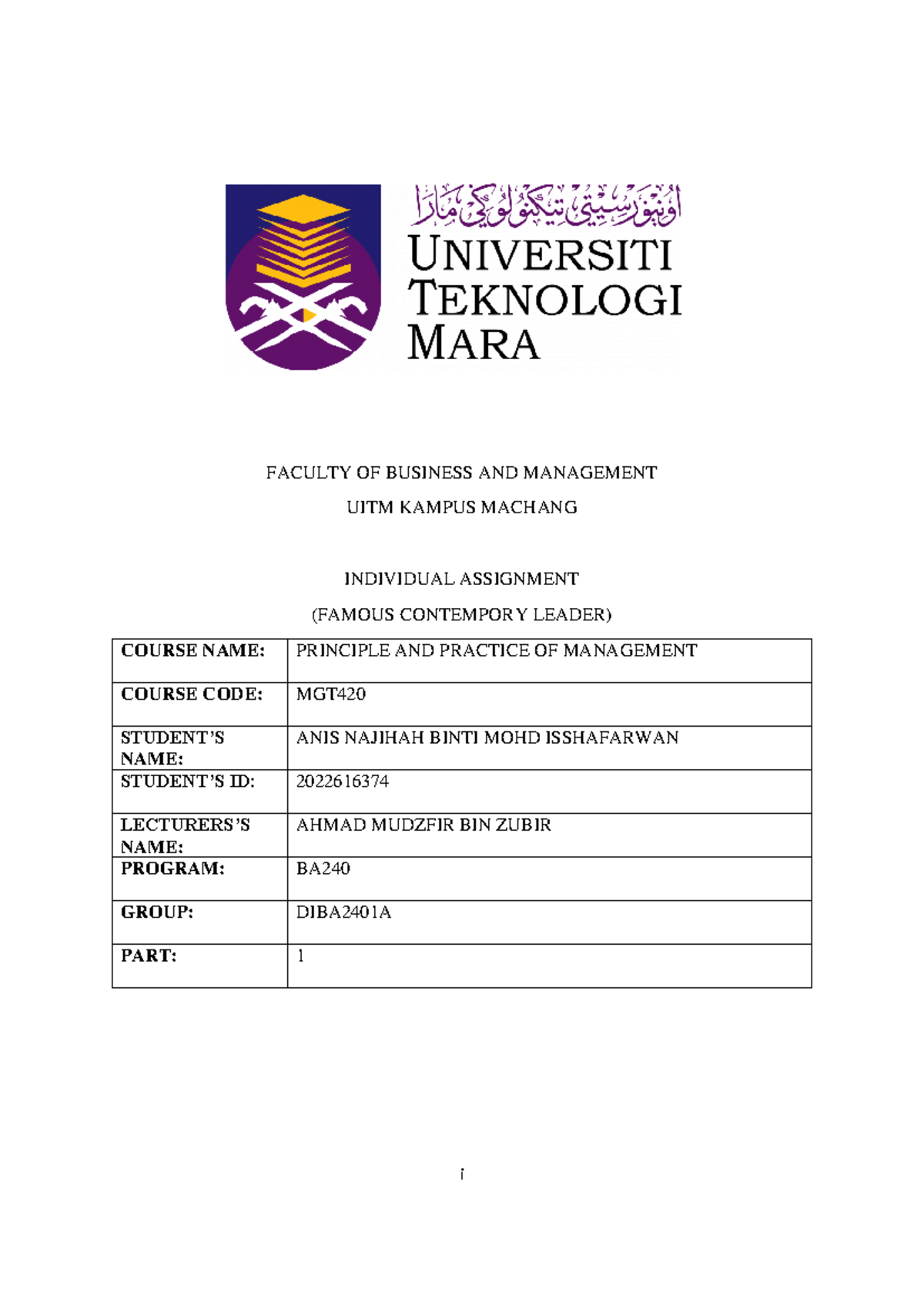 Assignment 1 - FACULTY OF BUSINESS AND MANAGEMENT UITM KAMPUS MACHANG ...