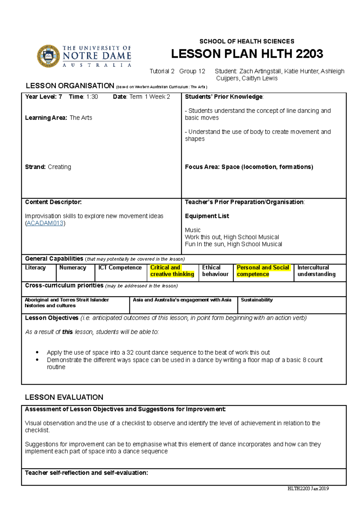 Dance Lesson Plan - EDUC2623 - Notre Dame - Studocu