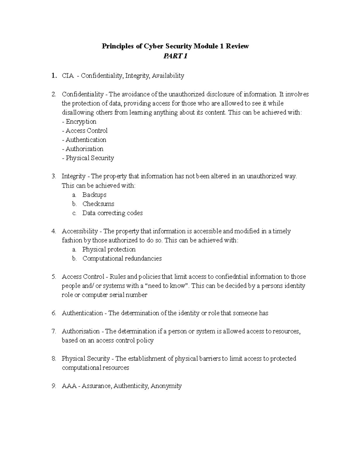 Principles of Cyber Security Module 1 Review - CIA - Confidentiality ...