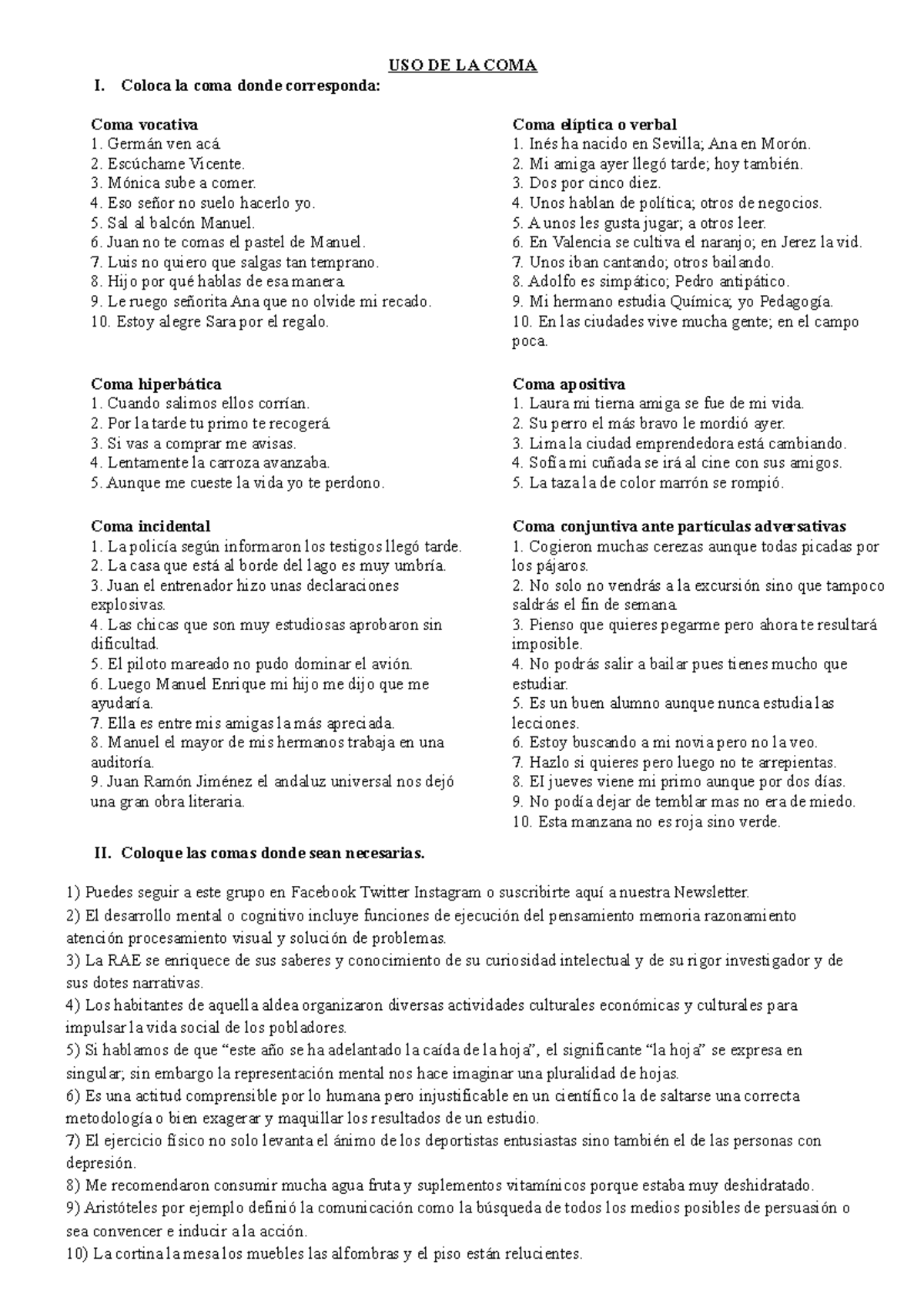 USO DE LA COMA - Este es un docuemnto lleno de ejercicios para ...