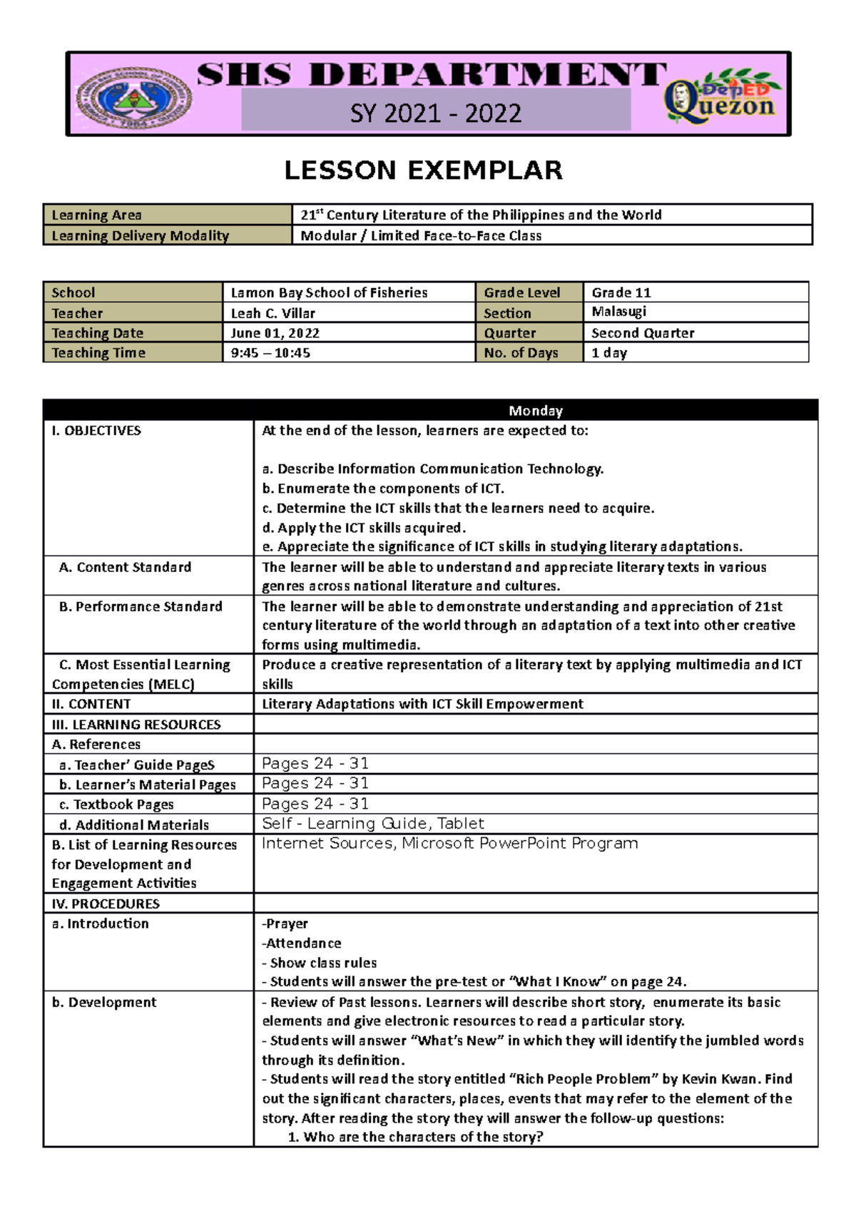 Lesson- Exemplar-21ST Century - LESSON EXEMPLAR Learning Area 21 st ...