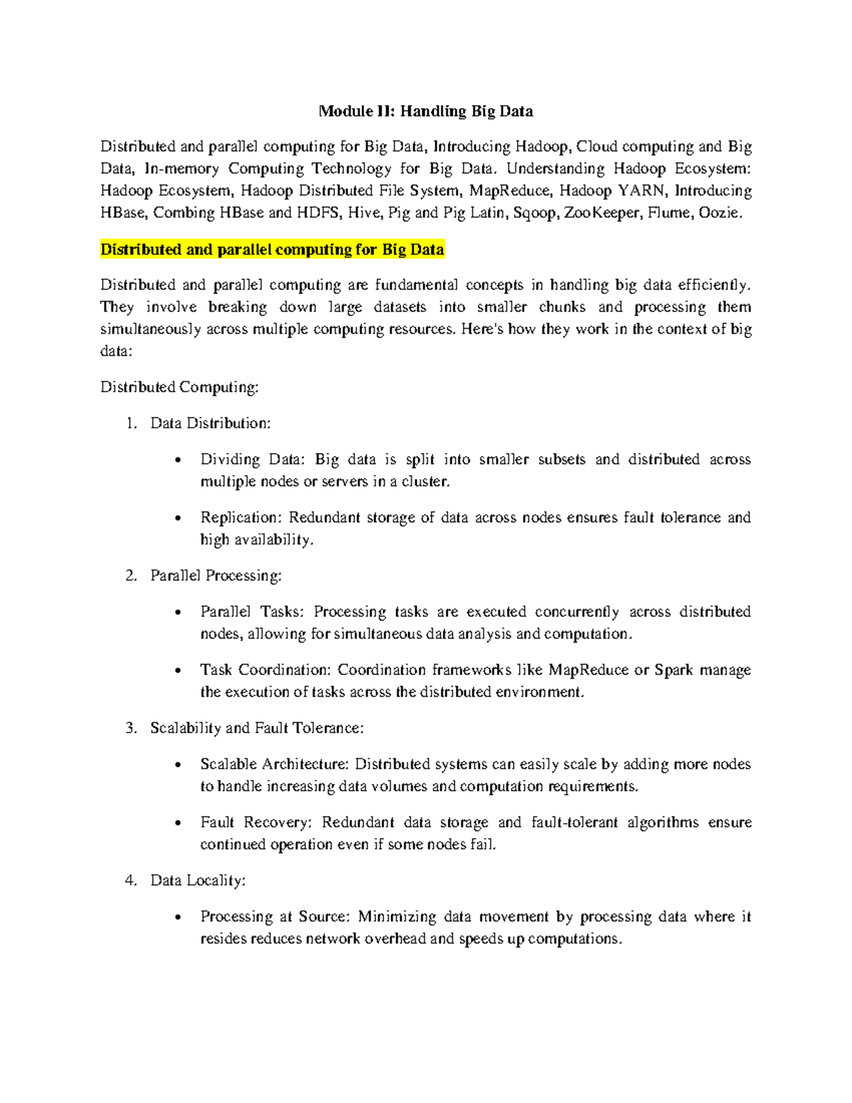 Unit 2 notes big data - Module II: Handling Big Data Distributed and ...