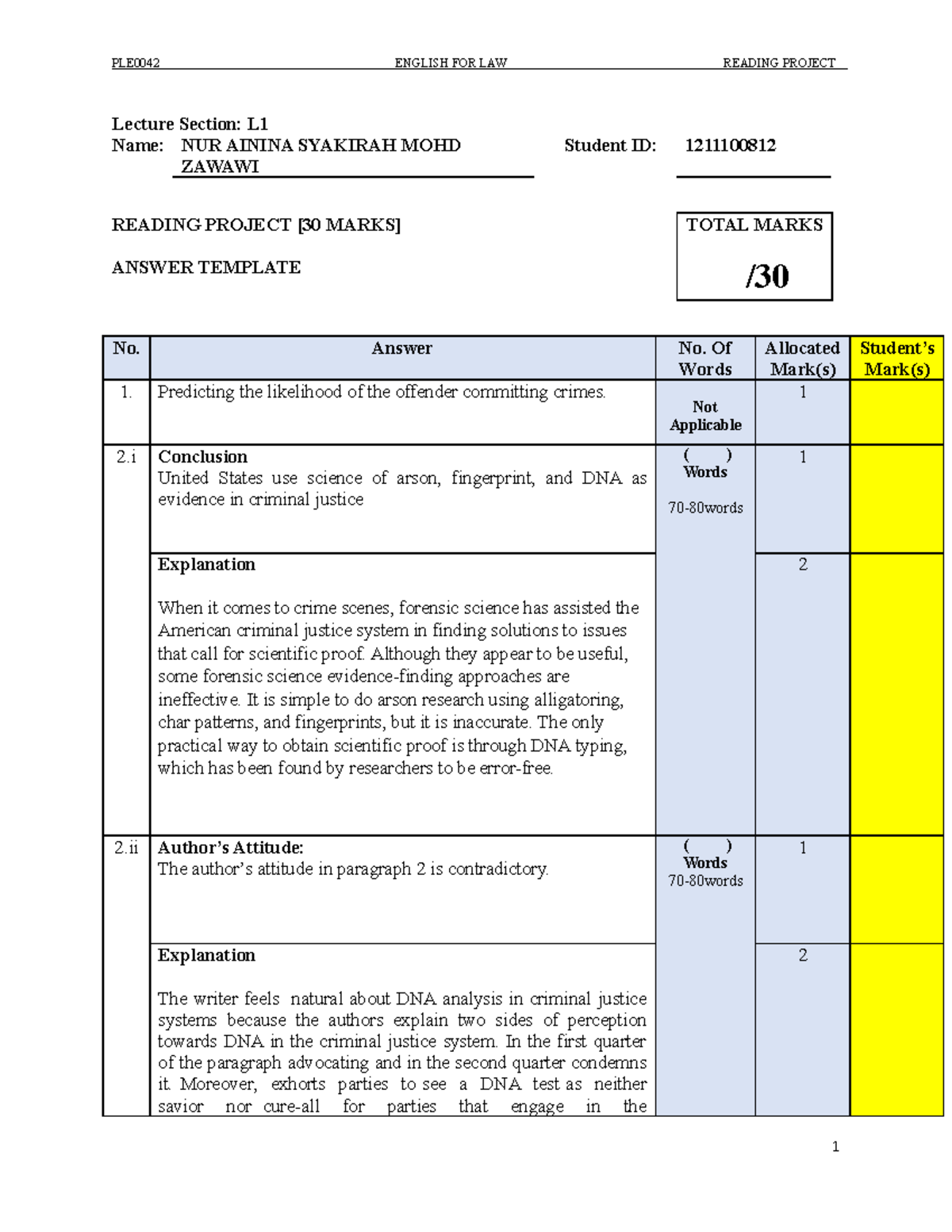 PLE0042 Reading Project Answer Template - PLE0042 ENGLISH FOR LAW ...